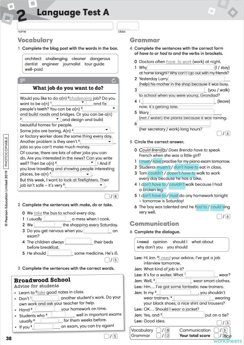 Go Getter 4. Language Test 2. Interactive worksheet | TopWorksheets