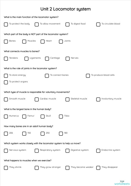 Unit 2 Locomotor system. Interactive worksheet | TopWorksheets