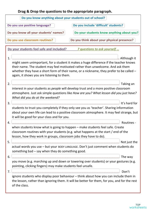 Making Students Feel Safe. Interactive worksheet | TopWorksheets