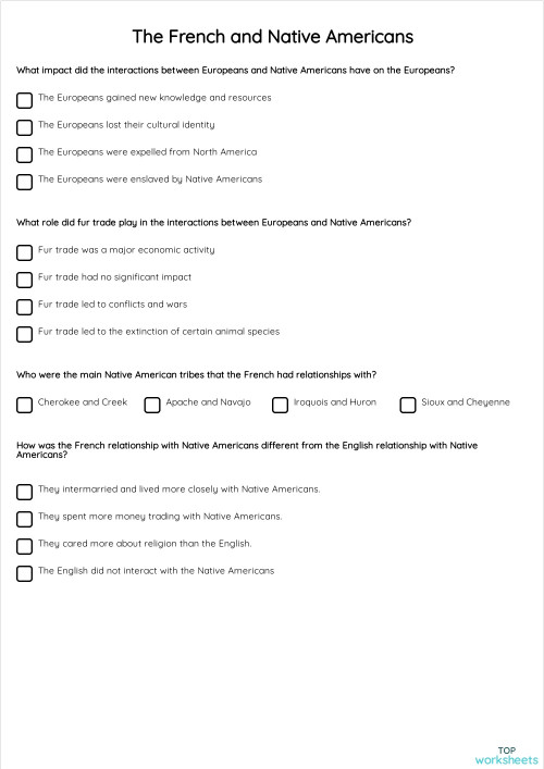 The French and Native Americans. Interactive worksheet | TopWorksheets