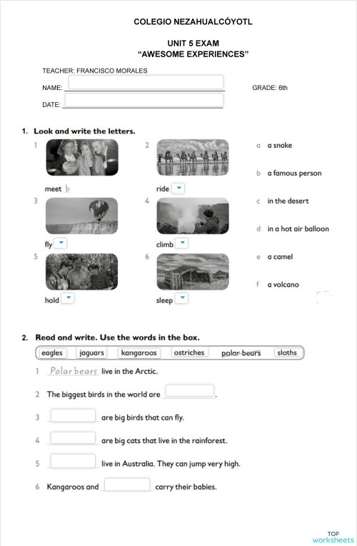 6th Grade - Unit 5 Exam. Ficha interactiva | TopWorksheets