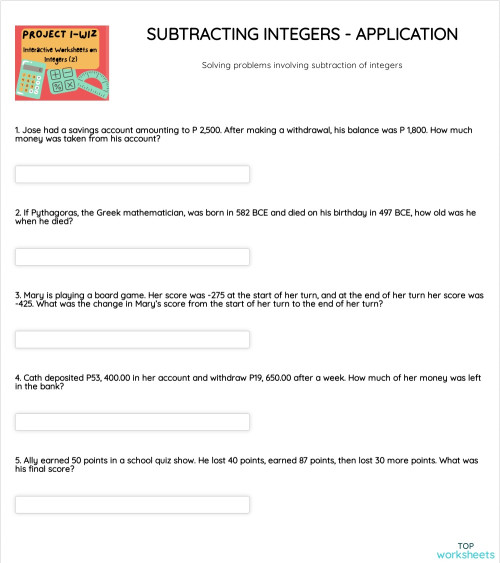 SUBTRACTING INTEGERS I. Interactive worksheet | TopWorksheets