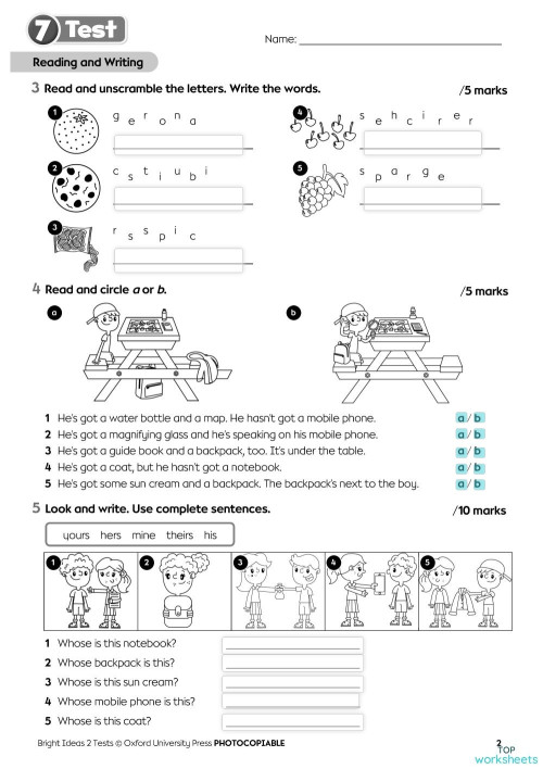 Bright Idea 2 unit 7 Test( Reading and Writing). Interactive worksheet ...