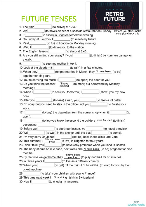 FUTURE TENSES EXERCISE. Ficha interactiva | TopWorksheets