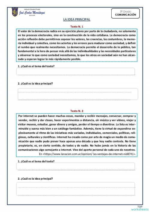 IDEA PRINCIPAL 5° GRADO. Ficha interactiva | TopWorksheets