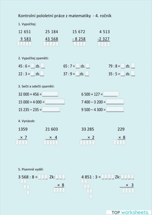 Dělení se zbytkem. Interaktivní pracovní list | TopWorksheets