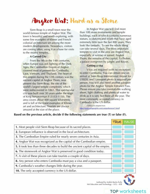 Reading Ex. - Angkor Wat. Interactive worksheet | TopWorksheets