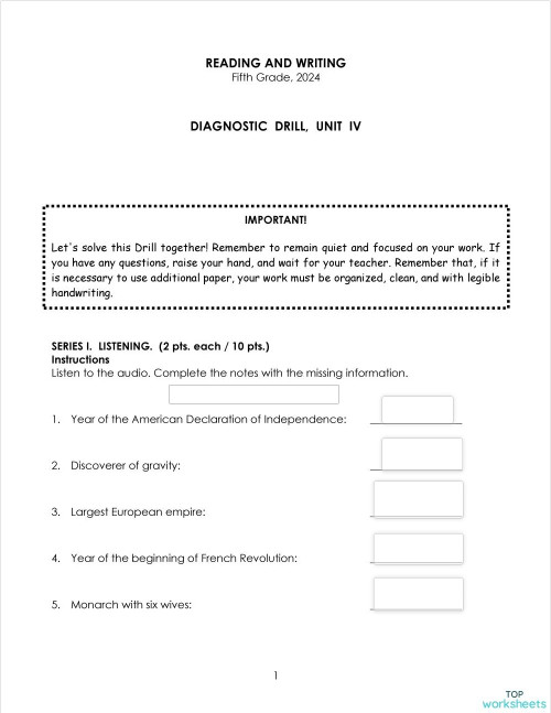 Reading Diagnostic-Fifth Grade-Unit IV. Interactive worksheet ...