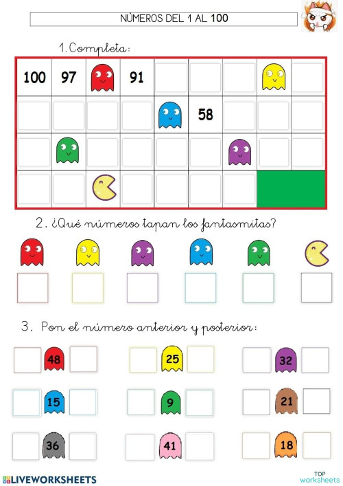 COMPLETA NÚMEROS DE 1 AL 100. Ficha interactiva | TopWorksheets