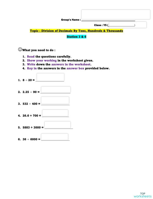 Decimals (Division by T, H & Th) Station 3 & 6. Interactive worksheet ...