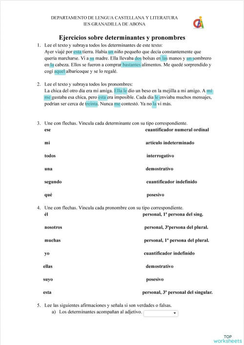 Los determinantes. Ficha interactiva | TopWorksheets