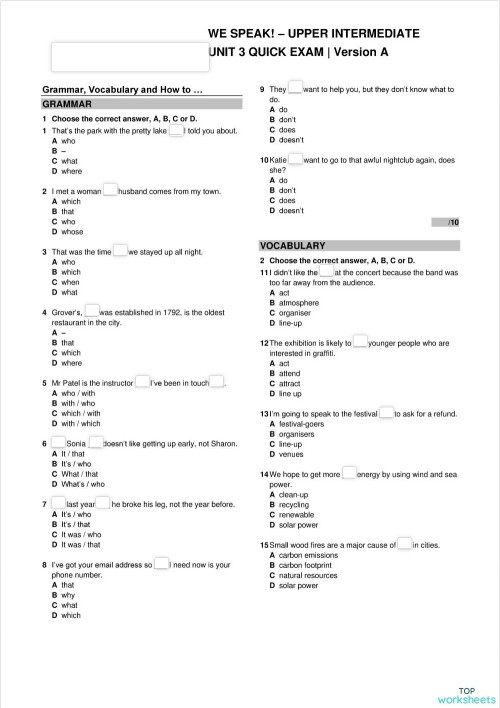 Quick exam unit 3 Speak Out. Interactive worksheet | TopWorksheets