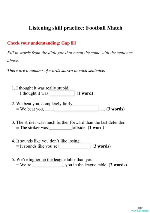 Football Match. Interactive worksheet | TopWorksheets