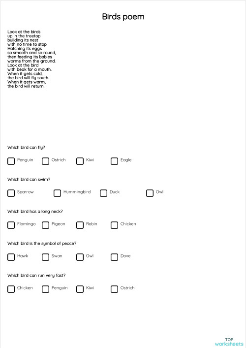 Birds poem. Interactive worksheet | TopWorksheets