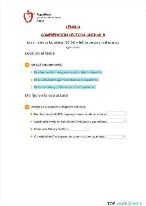 Comprensión Lectora -Todos Para Uno- (Unidad 8). Ficha interactiva | TopWorksheets