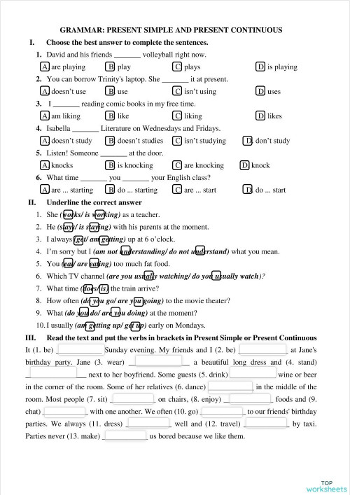 GRAMMAR: PRESENT SIMPLE AND PRESENT CONTINUOUS. Interactive worksheet ...