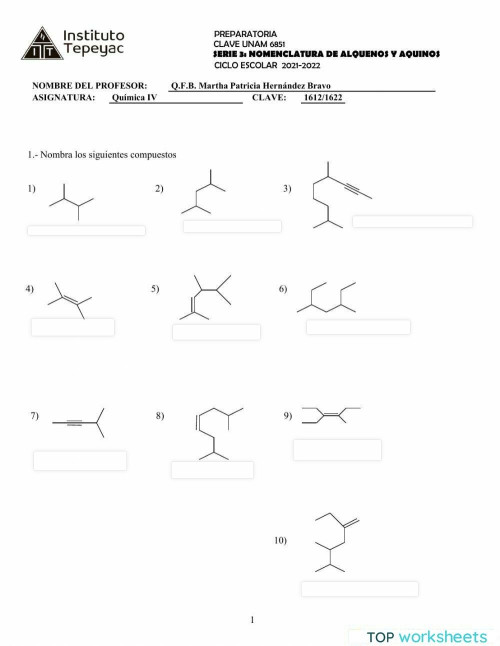 Nomenclatura de alcanos, alquenos y alquinos interactive. Ficha interactiva | TopWorksheets