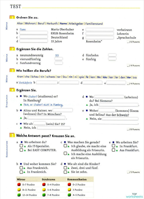 A1.1 - L2 TEST. Interaktives Arbeitsblatt | TopWorksheets