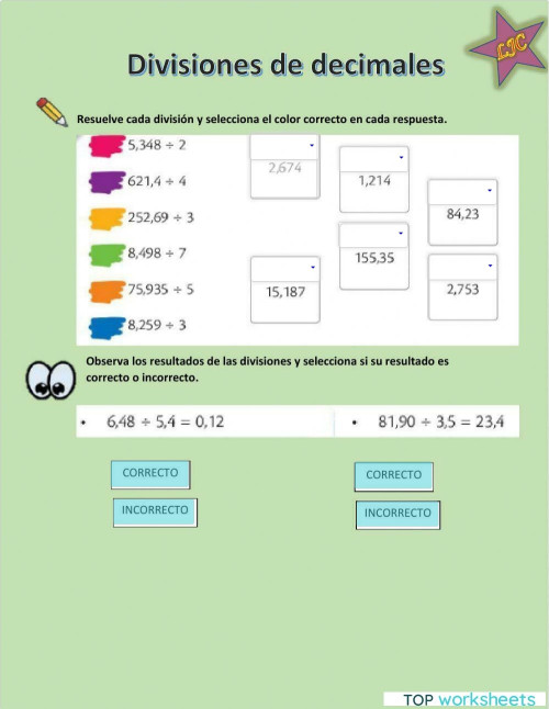 Divisiones de decimales. Ficha interactiva | TopWorksheets