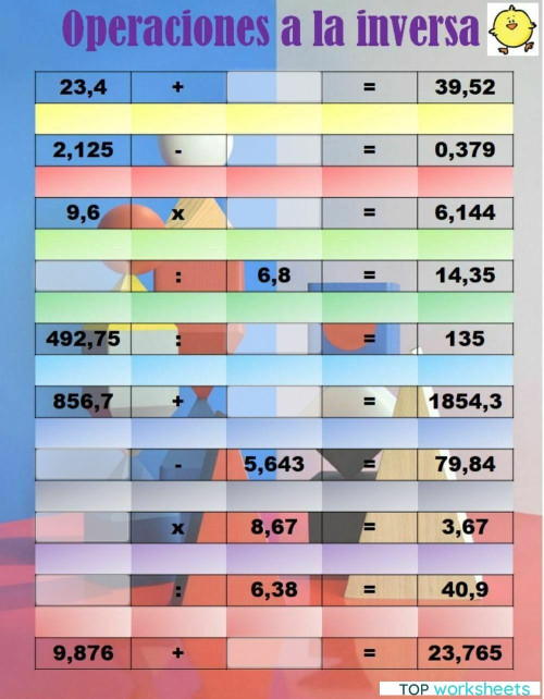 Operaciones con números decimales. Ficha interactiva | TopWorksheets