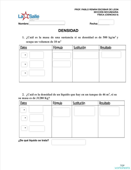 Hoja De Trabajo De Volumen Y Densidad