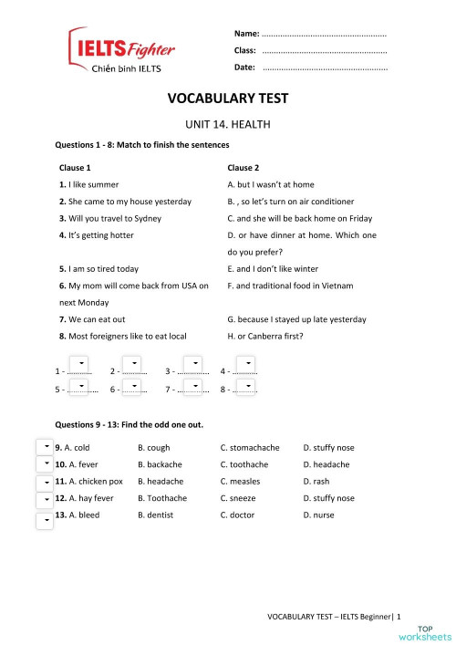 IELTS BEGINNER JUNIOR - VOCAB TEST 14. Interactive worksheet ...