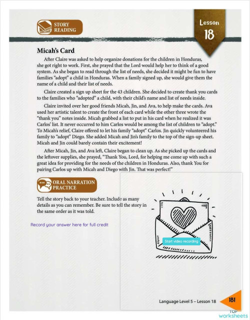 Lesson 18: Story Reading Pg 181. Interactive worksheet | TopWorksheets