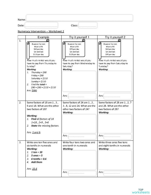 NUMERACY INTERVENTION Y6 WEEK 2. Interactive worksheet | TopWorksheets