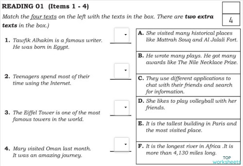 Reading 1 practice dropdown activity. Interactive worksheet | TopWorksheets