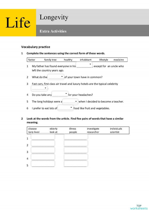 A LONG LIFE. Interactive worksheet | TopWorksheets
