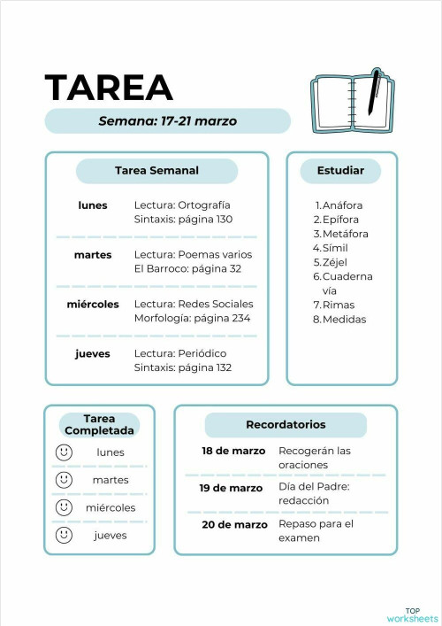 Tarea Semanal Lengua y Literatura. Ficha interactiva | TopWorksheets
