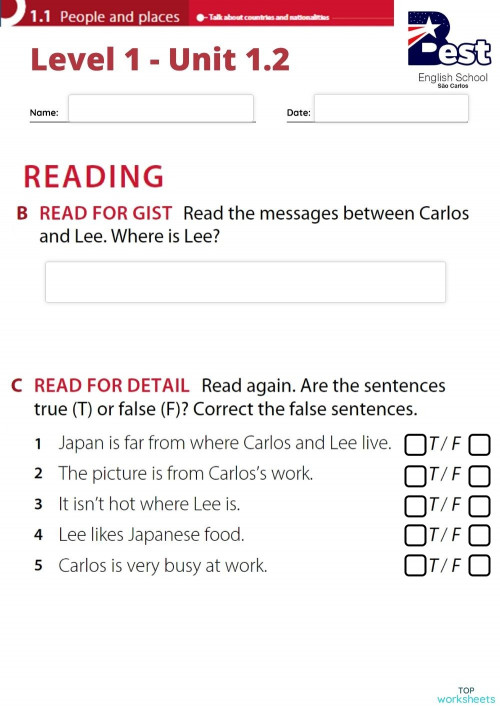 Level 1 - Unit 1.2 reading. Interactive worksheet | TopWorksheets