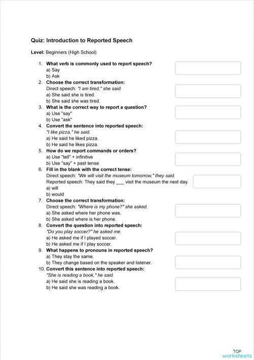 Introduction to Reported Speech. Interactive worksheet | TopWorksheets