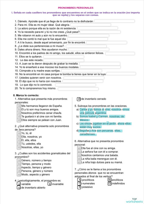 Pronombres personales. Ficha interactiva | TopWorksheets