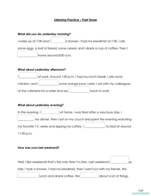 Listening Practice - Simple Past. Interactive worksheet | TopWorksheets
