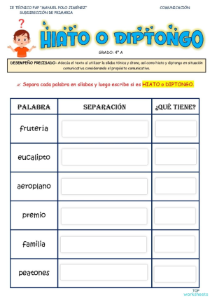 ¿HIATO o DIPTONGO?. Ficha interactiva | TopWorksheets