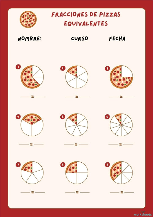 Fracciones de Pizzas Equivalentes 1. Ficha interactiva | TopWorksheets