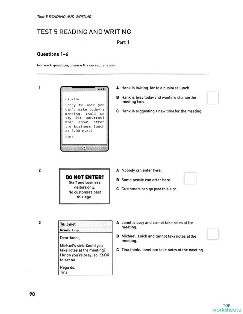 Collins - A2KEY - Test 1 - Reading and Writing. Interactive worksheet ...