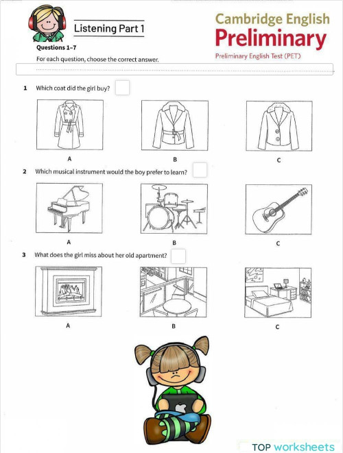 PET Listening Test 2020. Interactive worksheet | TopWorksheets