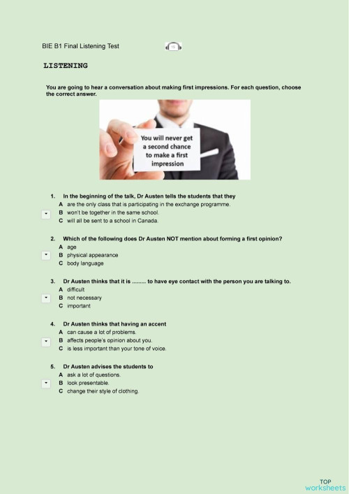 BIE B1 Final Listening Test. Interactive worksheet | TopWorksheets