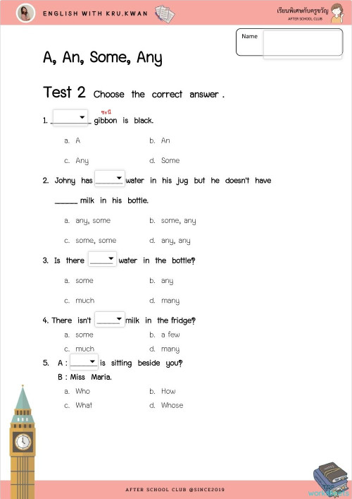Test : A, An, Some Any ใบงานเชิงโต้ตอบ | TopWorksheets