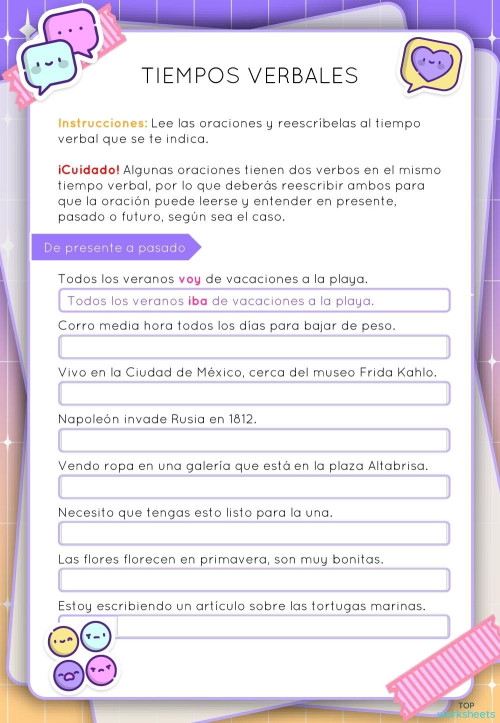 EJERCICIOS DE TIEMPOS VERBALES. Ficha interactiva | TopWorksheets