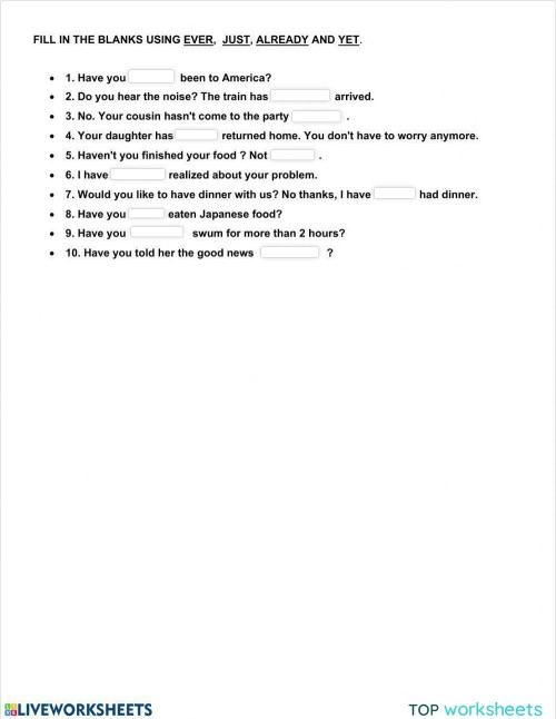 already,yet,just,ever present perfect. Interactive worksheet ...
