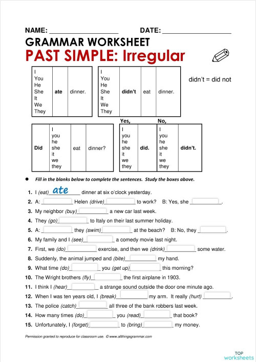 Past Simple: Irregular (Grammar Worksheet). Interactive worksheet | TopWorksheets