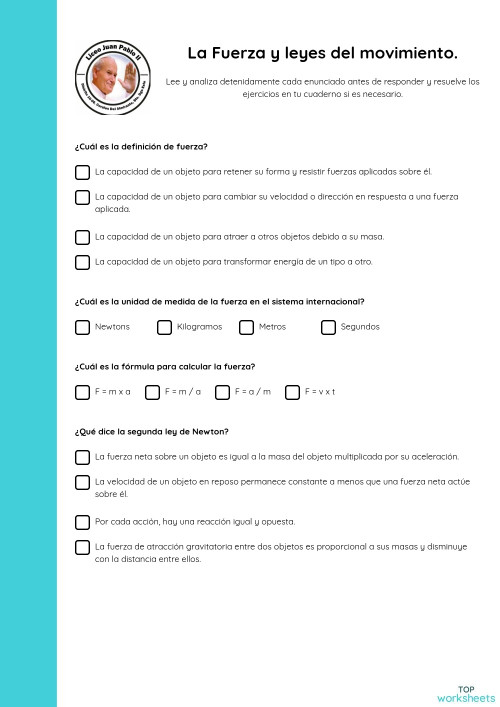 La Fuerza y leyes del movimiento.. Ficha interactiva | TopWorksheets