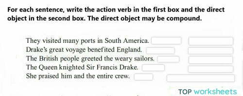 Action Verbs and Direct Objects. Interactive worksheet | TopWorksheets