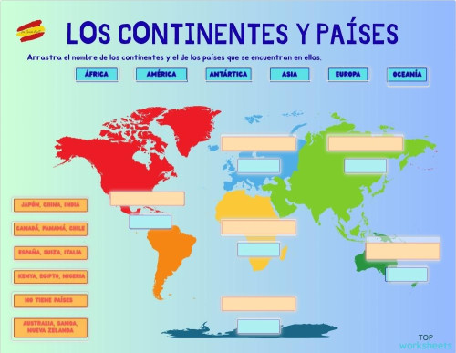 Los continentes y países. Ficha interactiva | TopWorksheets