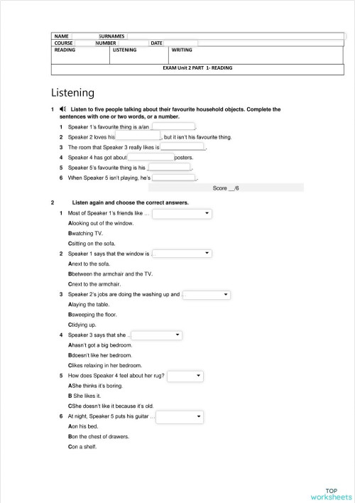 Exam unit 2 Part 1-LISTENING. Interactive worksheet | TopWorksheets Exam unit 2 Part 1-LISTENING. Interactive worksheet | TopWorksheets