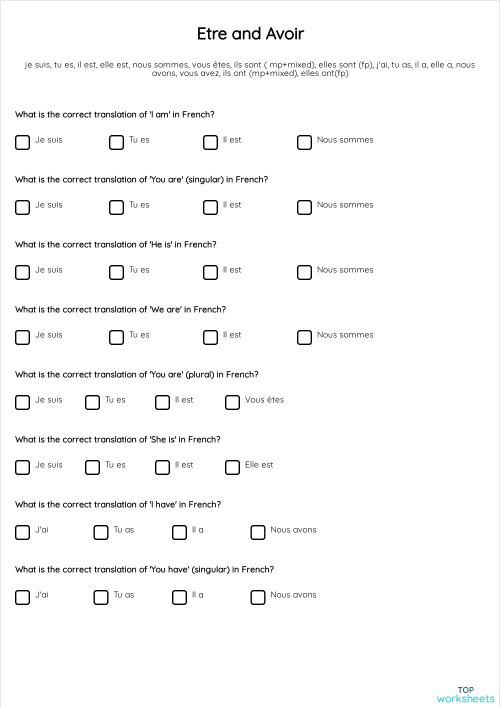 Etre and Avoir. Interactive worksheet | TopWorksheets