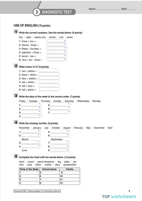 Diagnostic 1 ESO. Interactive worksheet | TopWorksheets